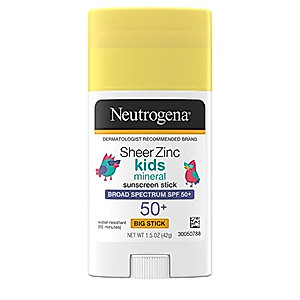 Neutrogena Sheer Zinc Oxide Kids Mineral Sunscreen Stick, Broad Spectrum SPF 50+ & UVA/UVB Protection & Water Resistant with Residue-Free, No-Mess Application, Oil- & Paraben-Free, 1.5 oz