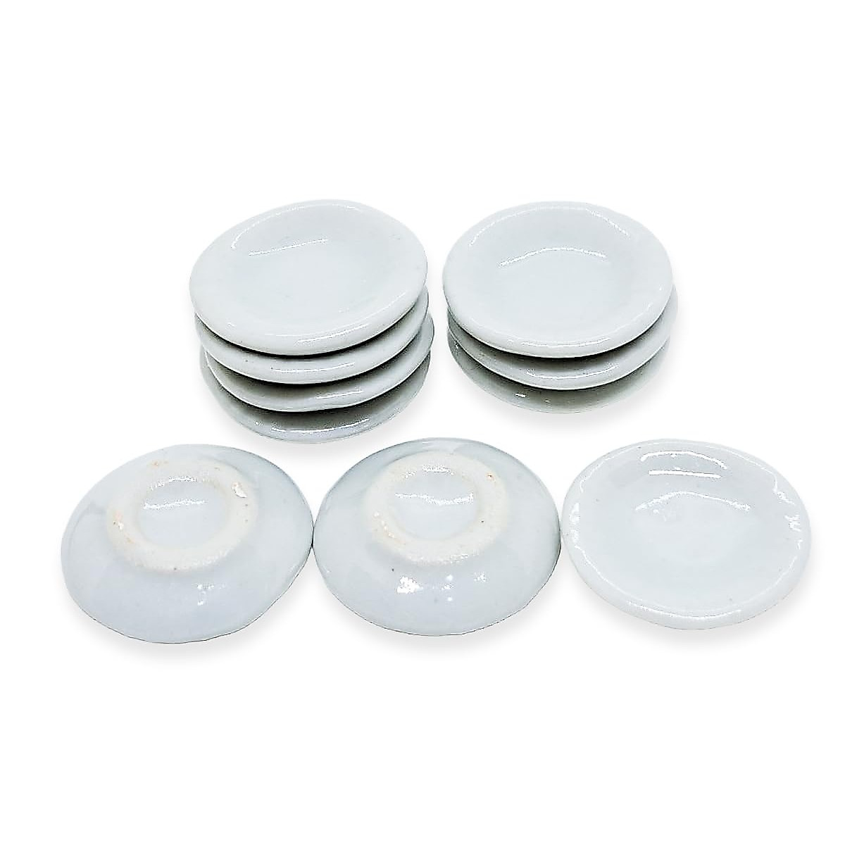 ChangThai Design Very Tiny ⅝ Inch Diameter White Round Ceramic Plate 10 Pieces Set - Miniature Tableware Tray Bowl Crockery Cutlery Kitchenware Handmade Mini Porcelain Decorative Collectible Gifts