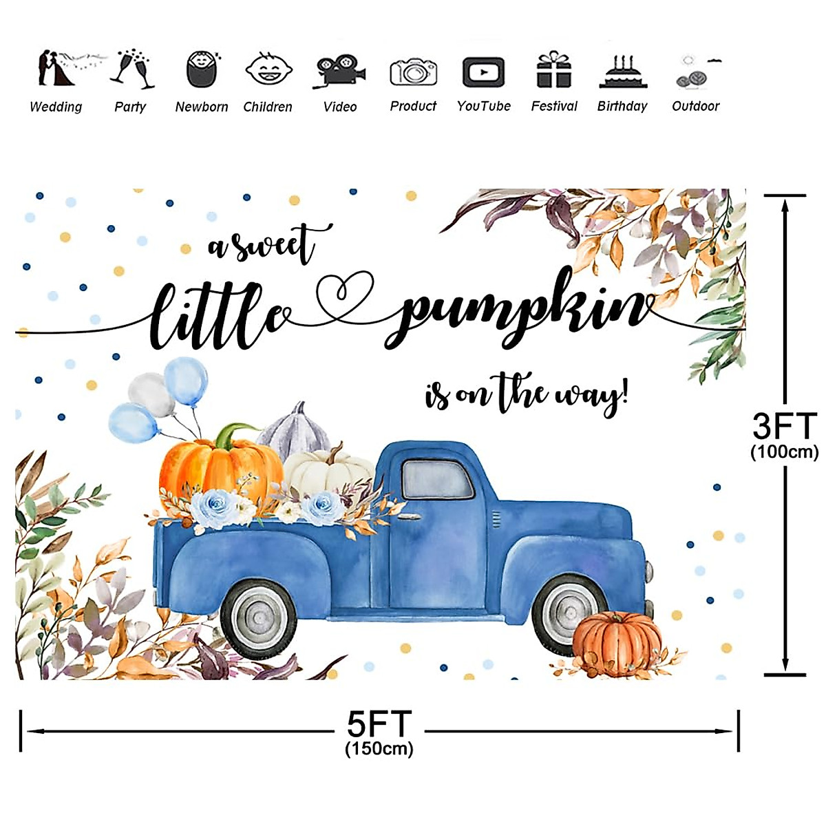 Aperturee Little Pumpkin Baby Shower Backdrop 5x3ft A Little Sweet Pumpkin is On The Way Blue Truck Leaves Balloons It's a Boy Photography Background Fall Autumn Party Decorations Banner Photo Booth…