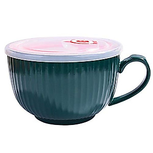 BOSILI Ceramic Bowl with Lid & Handle, 24 OZ Porcelain Soup Noodle Bowl with Lid, Microwave for Instant Noodle Sara, Cereal Bowl(Green)