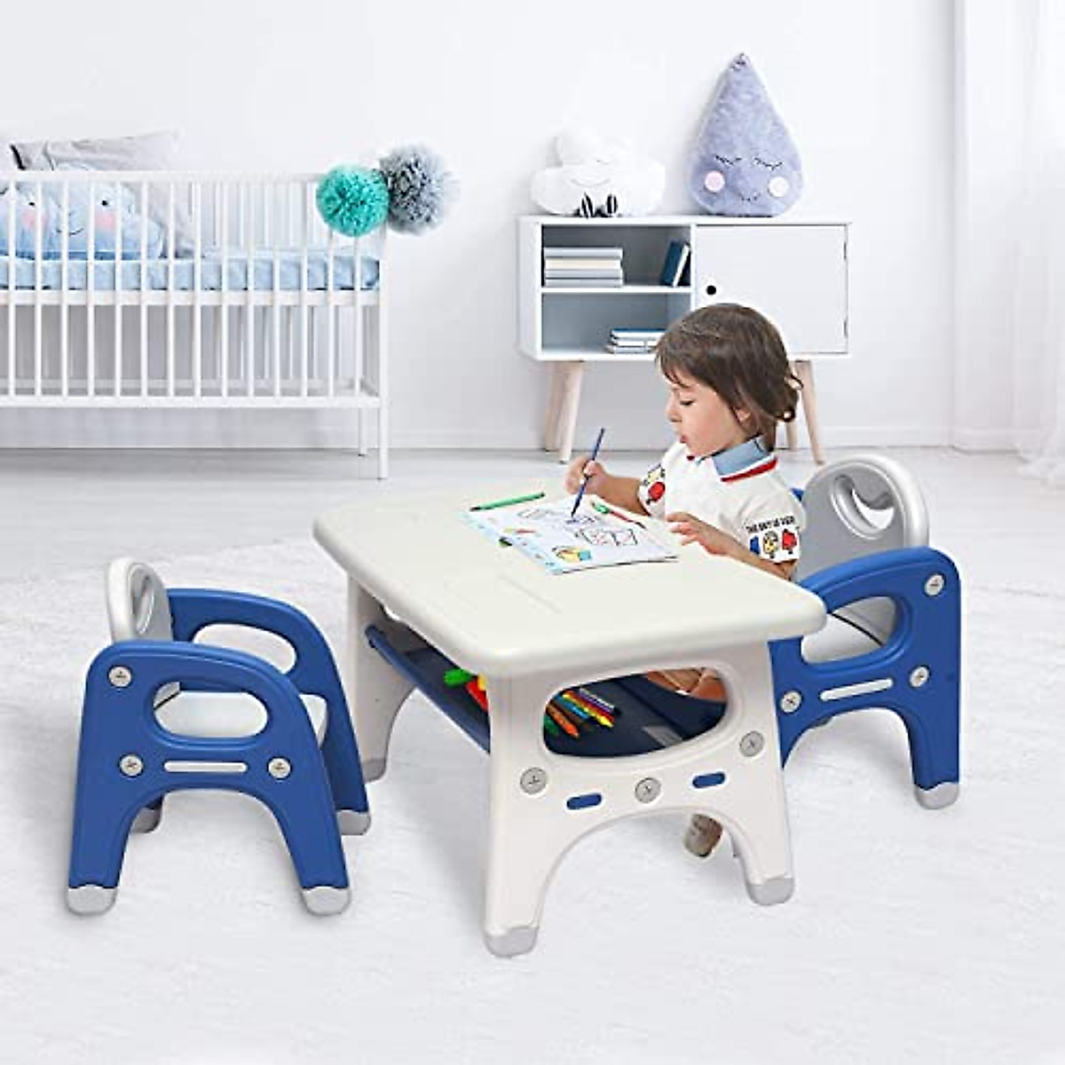 KINBOR BABY Kids Table and Chair Set - Activity Table for Toddlers 1-3 (Blue & White 1)