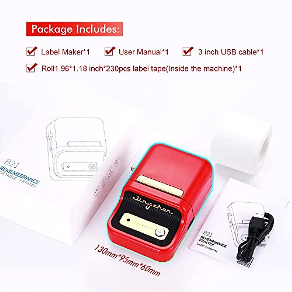 Smart Label Maker B21 with 230 Labels Bluetooth Thermal Price Barcode Label Printer Mailing Address Labels Machine Compatible with Android & iOS Applied to Organization Home Office Business (Red)
