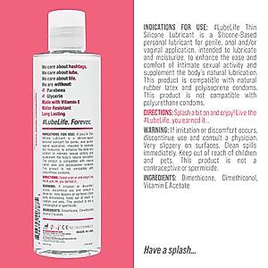 Lube Life Barely There Thin Silicone-Based, Long Lasting, Water Resistant, Personal Lubricant for Men, Women and Couples, 8 Oz