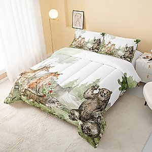QOOMO Black Bear Watercolour Bedding Set Cute Sika Deer Fox Hedgehog Comforter Set for Boys Girls Teen Room Decoration Wild Plants 3D Quilt Set Decoration Full Size 1 Comforter Set 2 Pillowcases