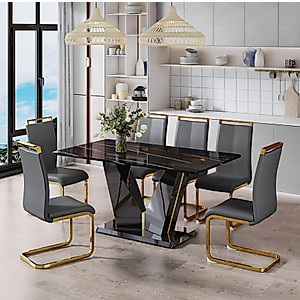 WEKEOT 7 Pieces Modern Dining Table Set 63" Faux Marble Dining Room Table with 6 PU Leather Chair Black Dining Table Set Rectangle Dinner Table Set for Kitchen, Restaurant