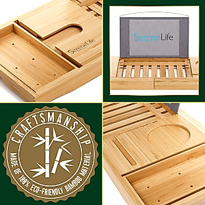 SereneLife Luxury Bamboo Bathtub Caddy Tray - Adjustable Natural Wood Bath Tub Organizer with Wine Holder, Cup Placement, Soap Dish, Book Space & Phone Slot for Spa, Bathroom & Shower - SLBCAD20