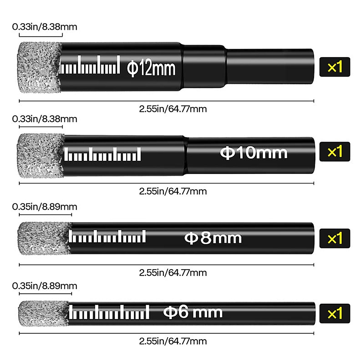 Dry Diamond Drill Bit 5PCS Stile Drill Bit Set for Granite Ceramic Marble Tile Stone Glass Hard Materials (Not for Wood), Round Shank 1/4, 5/16, 3/8, 1/2 Inch