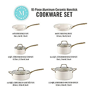 Martha Stewart Lockton Premium Nonstick PFA Free Ceramic Interior 10 Piece Heavy Gauge Enamel Aluminum Pots and Pans Cookware Set - Linen White w/Gold Handle
