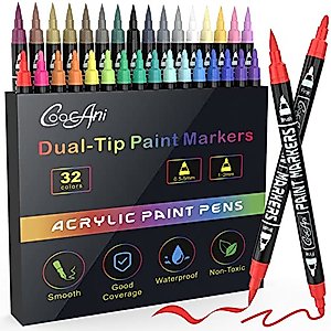 32 Colors Paint Markers, Dual Tip Acrylic Paint Pens for Wood, Canvas, Glass, Ceramic, Fabric,Rock Painting, DIY Crafts Making Art Supplies (Fine Tip and Brush Tip)