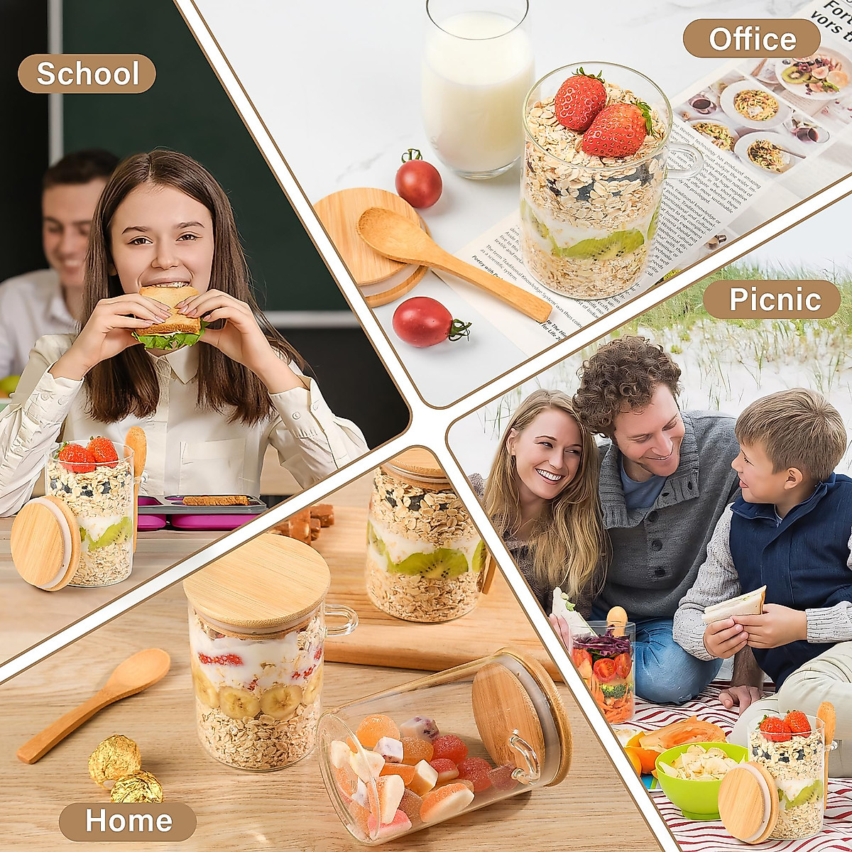 Overnight Oats Containers with Lids,4 Pack 18oz Overnight Oats Jars with Spoons,Salad Meal Prep Jar with Bamboo Lids for Chia Seed Pudding Salad Cereal Coffee Flour,Sourdough Starter Jar for Bread