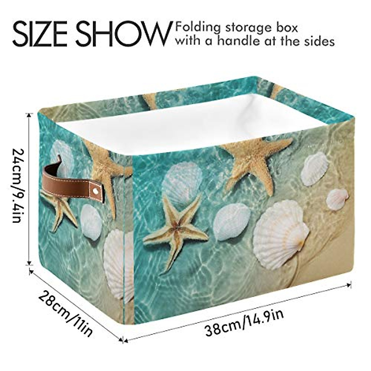 Storage Basket Sea Beach Starfish Seashell Rectangle Foldable with Leather Handle Nursery Storage Bins Boxes Cube Organizer for Children Toys Books Clothes Home Bedroom