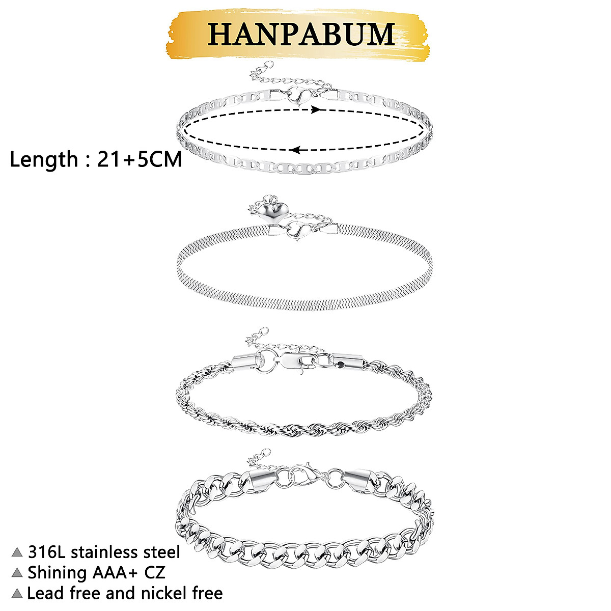 HANPABUM 3-4 PCS Stainless Steel Chain Anklet for Women Dainty Boho Tennis Ankle Bracelets Set Layered Link Paperclip Chain Anklet Adjustable Summer Beach Foot Jewelry