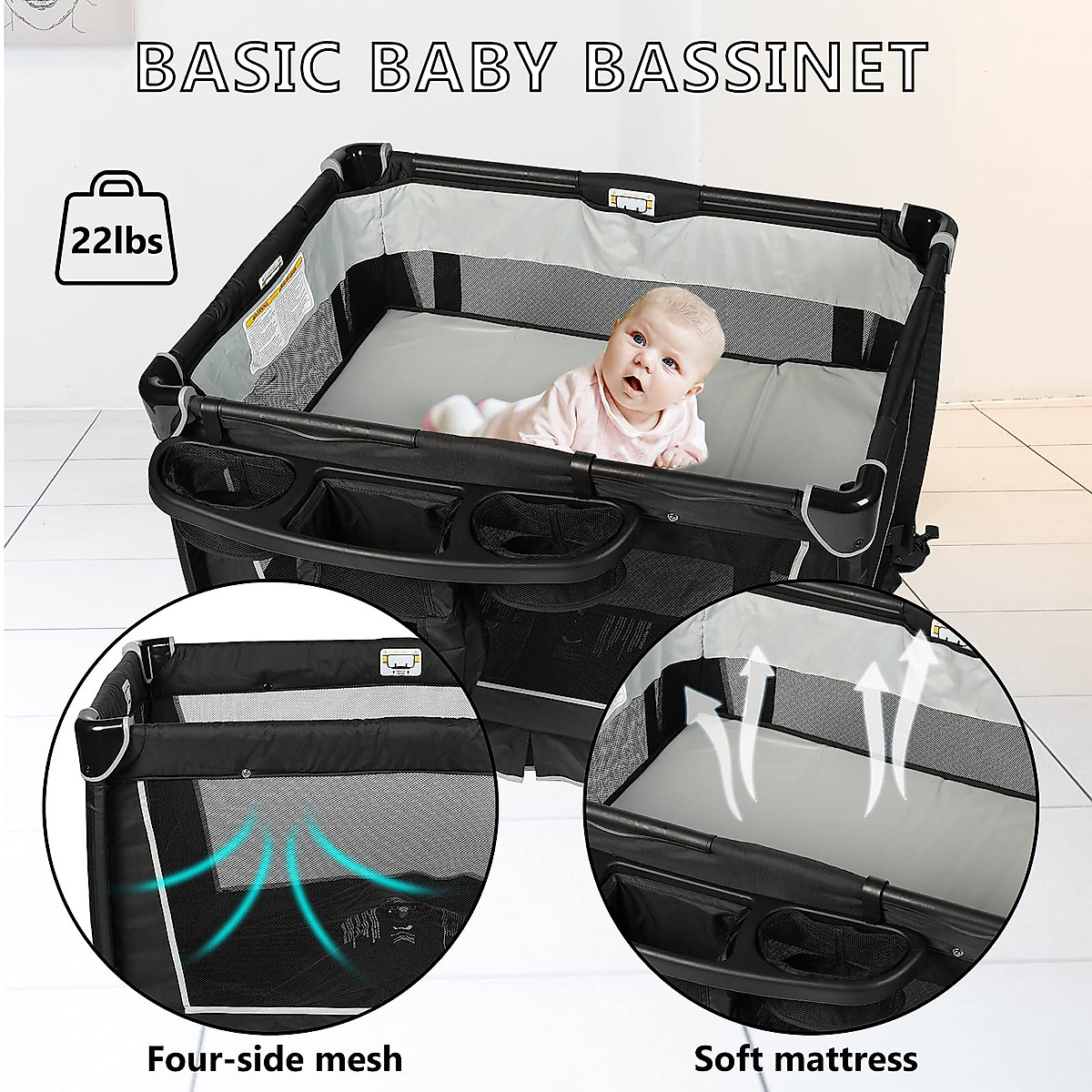 Kinder King 5 in 1 Portable Nursery Center, Foldable Playard for Baby & Toddler, Infant Pack n Play w/Bassinet, Mattress, Newborn Changing Table, Cradle, Travel Bag, Music Box, Storage Basket, Black