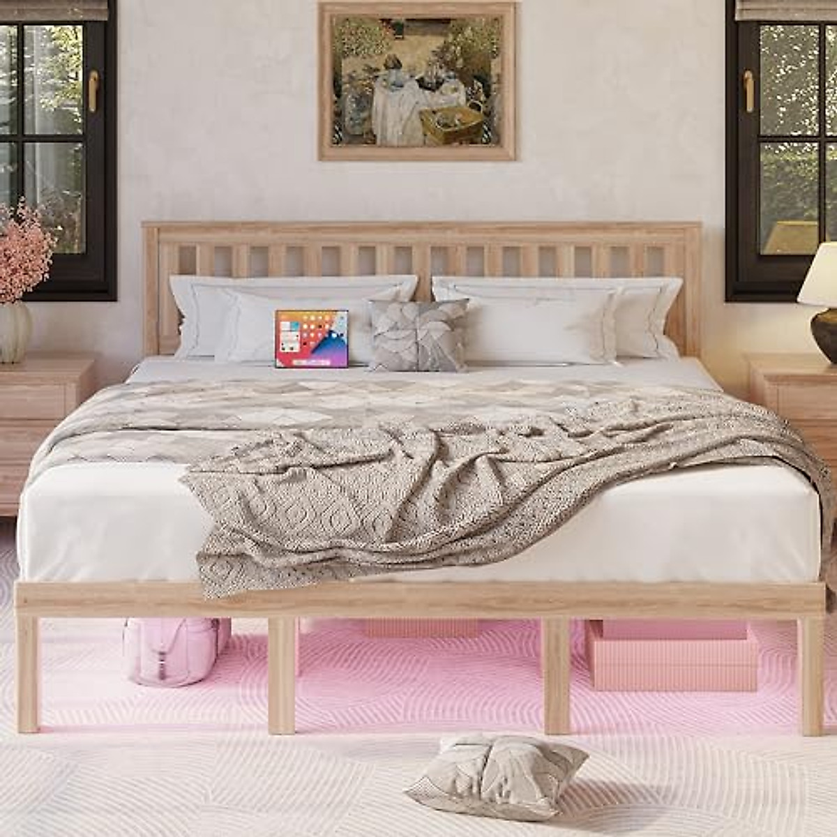Natural Solid Rubber Wood King Bed Frame with Outlets, Platform Bed with Wooden Headboard and Slats, No Box Spring Needed, Easy Assembly, King Size