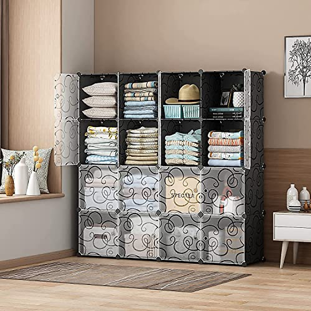 Cube Storage Organizer, 16-Cube Closet Organizer with Doors, 12" × 12" Modular Storage Book Shelves, Plastic Stackable Cubes Cabinet Wardrobe for Bedroom, Home, Black (4 × 4 Cubes)