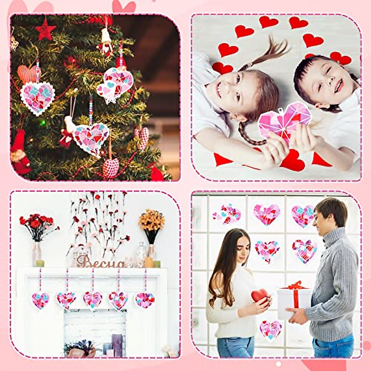 24 Pieces Valentine's Day Suncatcher Craft Kit, Tissue Paper Heart Suncatcher Craft Valentine's Day Window Art Kit with 18 Tissue Paper for Valentine's Day Mother's Day Craft DIY Spring Party Favor