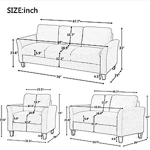 MOEO 3 Piece Living Room Sofa Sectional Set for Home Furniture, Polyester-Blend Three Couch Loveseat and Armchair, Black