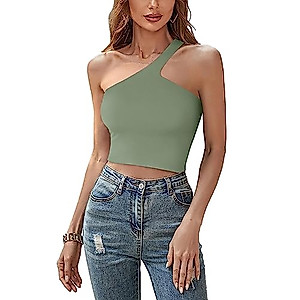 REORIA Summer Sexy Casual One Shoulder Double Lined Seamless Backless Sleeveless Cropped Tank Going Out Trendy Cute Crop Tops Dark Green Medium