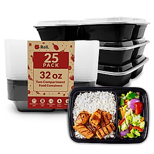 Reli. Meal Prep Containers 32 oz (25 Pack) 2 Compartment Meal Prep Containers Reusable, Microwave Safe | Plastic Togo Box for Food | Boxes for Takeout, To Go, Leftover, Food