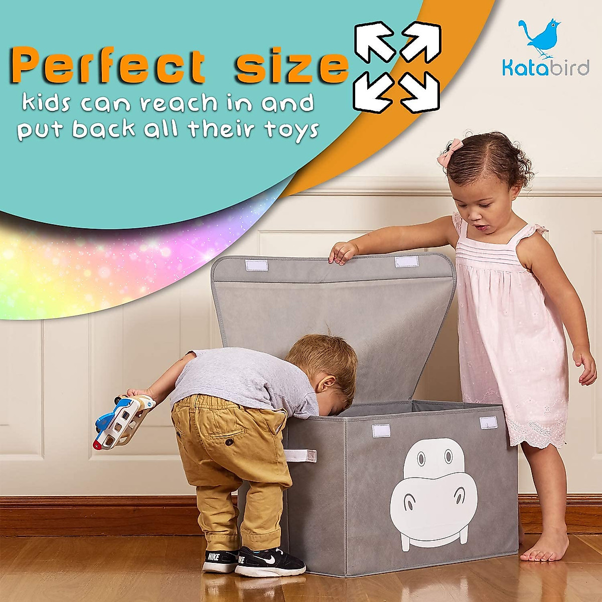 QUOKKA Hippo Toy Storage Box for Boys and Girls - 16x12x10 Toy Chest Organizer for Kids - | Collapsible | Handles | Flip-Top Lids | - Fabric Foldable Bin for Playroom - Nursery Room Organization