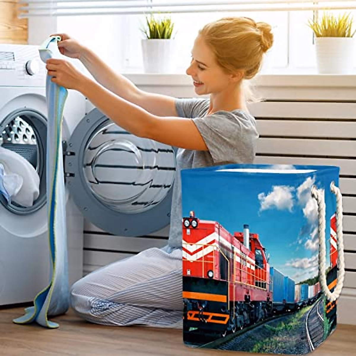 Laundry Hamper Train Pattern Collapsible Laundry Baskets Firm Washing Bin Clothes Storage Organization for Bathroom Bedroom Dorm