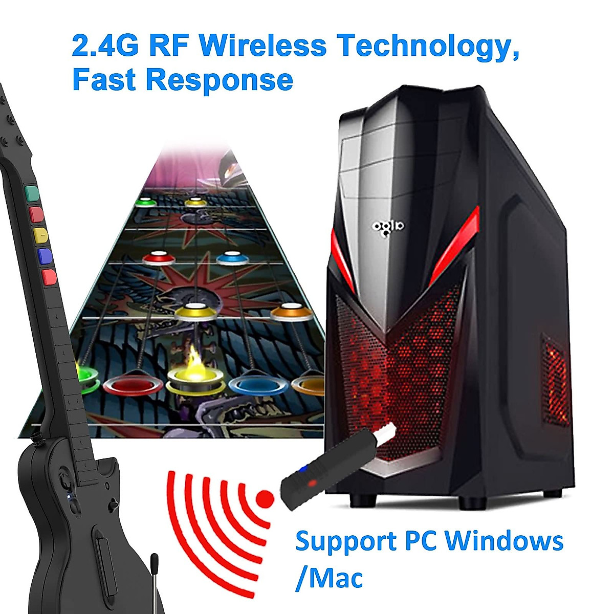 NBCP PC Guitar Hero Controller, Wireless PS3 Guitar Hero with Dongle for PC,Playstation 3 Guitar Hero Rock Band Would Tour Clone Hero Games - Black