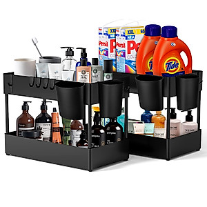 BlumWay 2 Pack Under Sink Organizers and Storage, 2 Tier Sliding Bathroom Cabinet Organizer, Multi-purpose Under Kitchen Sink Shelf with Hooks, for Bathroom/Kitchen Countertop