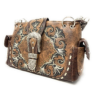 Premium Western Rhinestone Concealed Carry Buckle Floral Womens Shoulder Handbag Purse in Multi Color (Brown)
