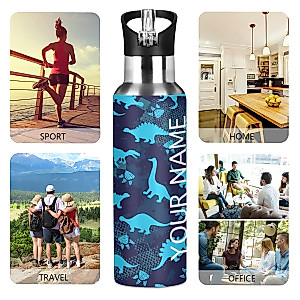 Cute Kids Dinosaurs Blue Personalized Water Bottle Double Stainless Steel Insulated Simple Customized Water Flask