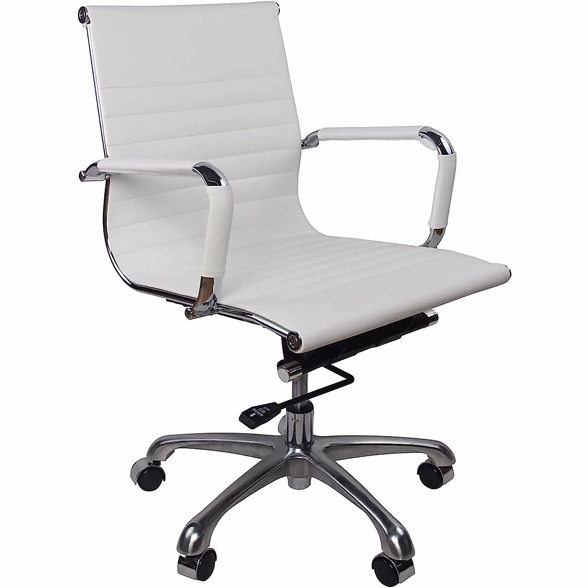 Fohfurniture White PU Leather Ergonomic Executive Office Desk Tark Chair, Mid Back Leather Height Adjustable Swivel Ribbed Chairs Conference Task Chair(Mid-Back, White)