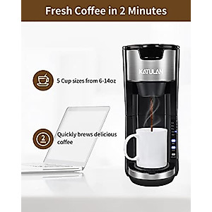 Single Serve Coffee Maker K Cup & Ground Coffee, One Cup Brews 6-14 Oz in 2 Mins, Fits Travel Mugs, with 30 Oz Removable Water Tank, Reuseable Filter, Black