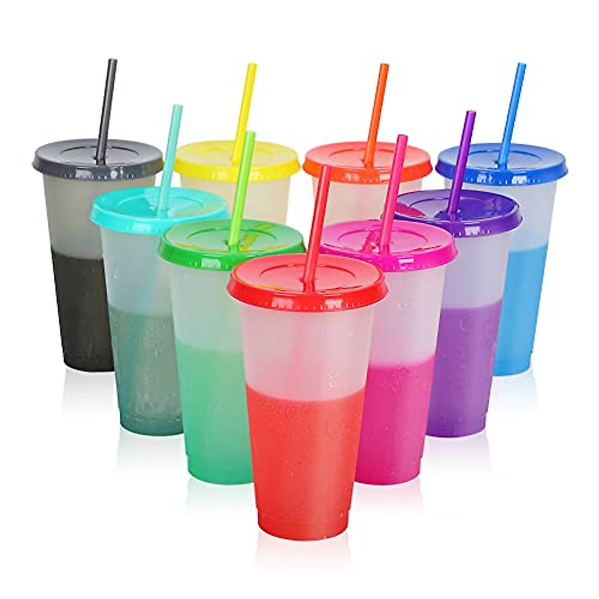 Reusable Plastic Tumblers with Lids & Straws - 9 Pcs 24oz Large Color Changing Cups for Adults Kids Women Party | Tall Iced Cold Straw Drinking Cute Tumbler Cup Bulk