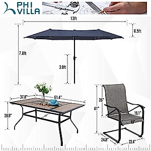 PHI VILLA 8 pcs Outdoor Dining Set with 13ft Double-Sided Market Umbrella(Blue), Rectangle Wood-Like Metal Table and 6 Spring Dining Chairs,Slightly Rocking for Garden, Lawn,Yard