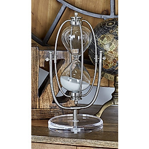 Deco 79 Glam Glass Timer, Acrylic Hourglass Sand Timer with Swiveling Iron Cage, 6" L x 6" W x 12" H, Silver