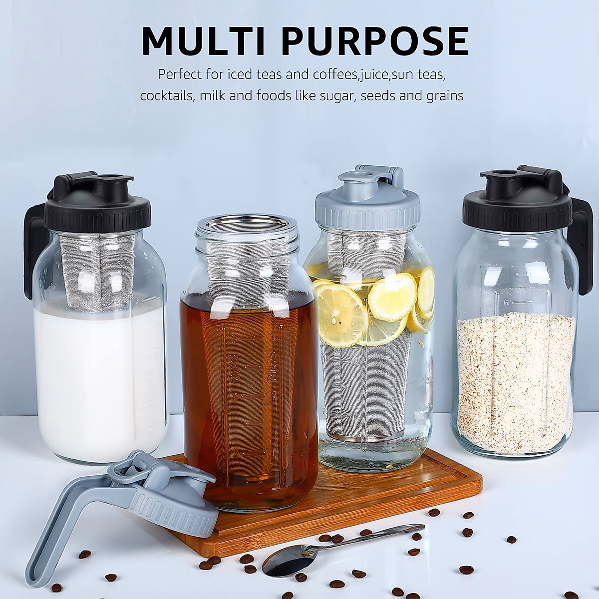 Cold Brew Coffee Maker Pitcher - 64oz Iced Coffee Maker with Stainless Steel Mixing Spoon & Super Dense Filter 3 Steps Finish, Classic BPA Free Sturdy Mason jar Pitcher with Gray Lid Easy to Clean