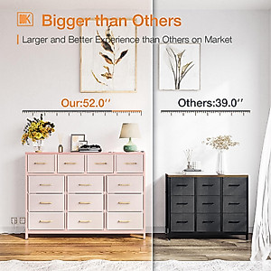 ODK Dresser with Charging Station, 57-Inch Long Dresser TV Stand for Bedroom, Large Dresser with 13 Storage Drawers, Chest of Drawers Easy-Pull Fabric Dressers for Living Room, Pink