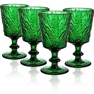 SOUJOY Set of 4 Colored Wine Glass Goblet, 12oz Handmade Pressed Stemmed Water Cup, Green Vintage Tropical Palm Pattern Embossed Drinkware for Party, Wedding