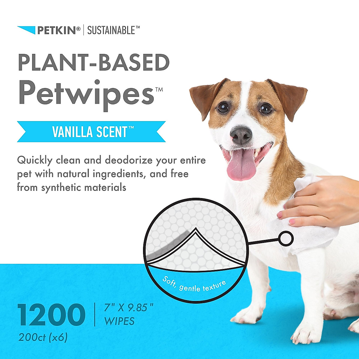 Petkin Plant-Based PetWipes, 200 Wipes, 6 Count - Biobased, Sustainable, Big & Thick Pet Wipes for Dogs & Cats - for Face, Paws, Ears, Body & Eye Area - Consciously Cleans & Conditions - Vanilla