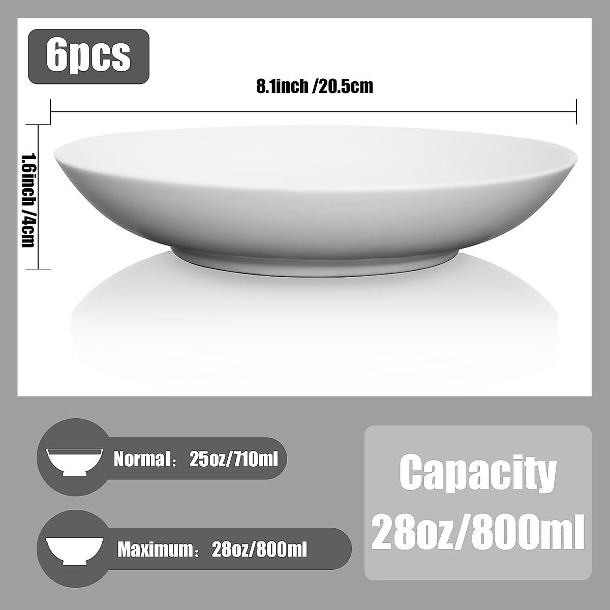 ALLUSEIT Pasta Bowls, 6pcs/40oz Bone Porcelain Bowls Set for Soup and Salad, White Ceramic Serving Bowls and Plate for Kitchen, Wide & Shallow, Microwave & Dishwasher Safe, Φ9inch