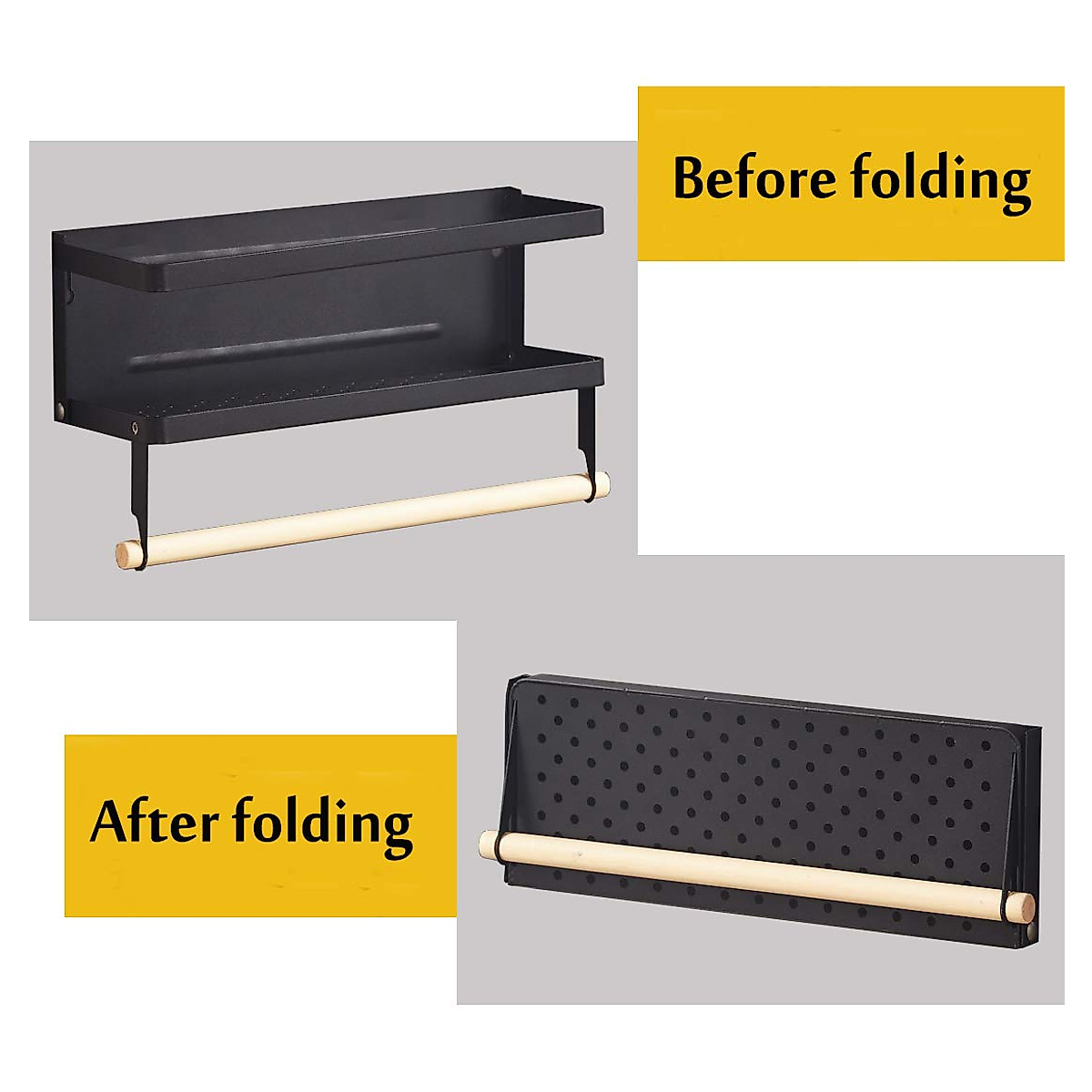 Mukkuri Magnetic Paper Towel Holder Spice Rack for Refrigerator with Hooks,Black