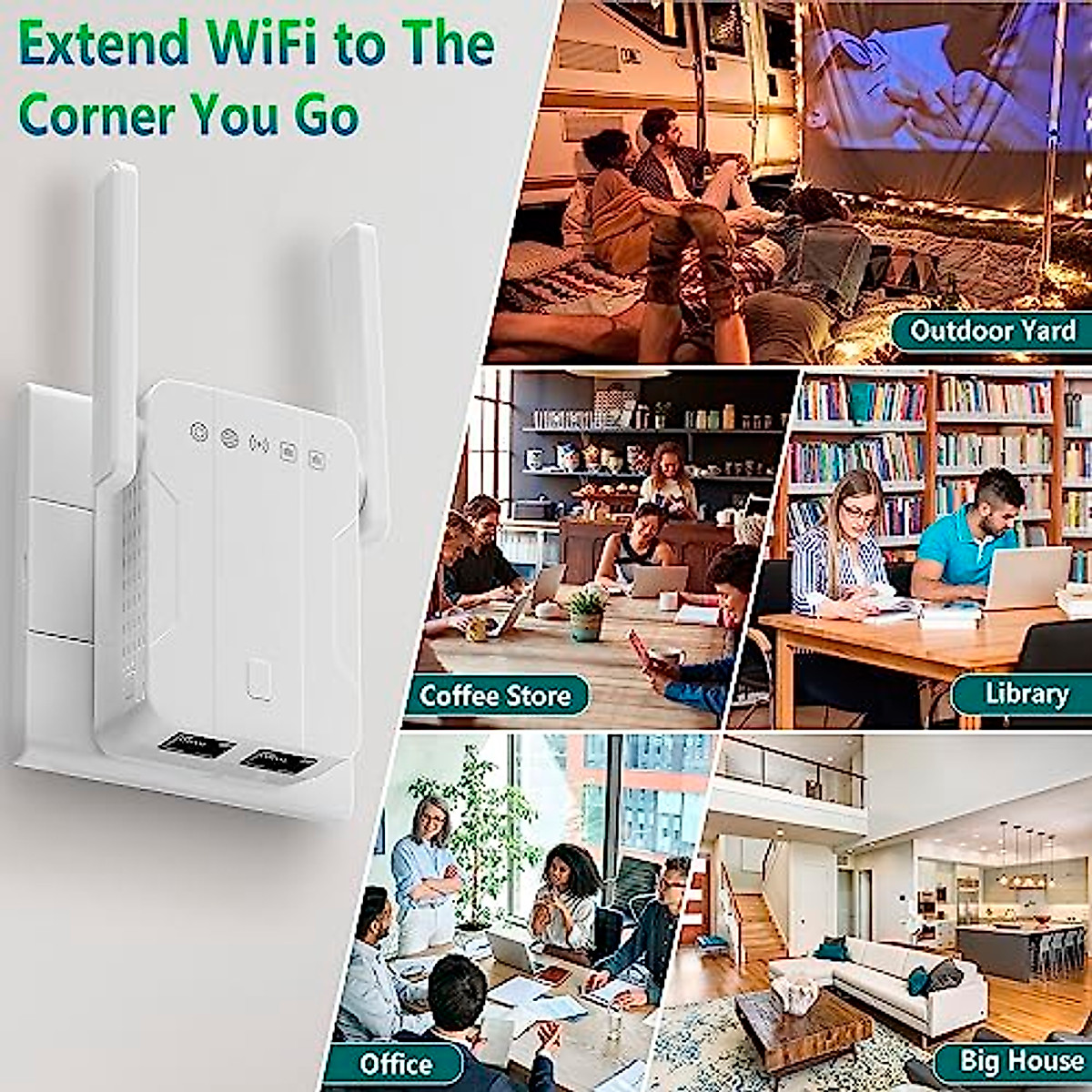Ywauou WiFi Extender Long Range 1200Mbps Internet Booster for Home with Dual Band (5GHz/2.4GHz), 2 Ethernet Port, Signal Extender Covers up to 10,000sq. ft 45 Devices for Home Outdoor and Indoor Use