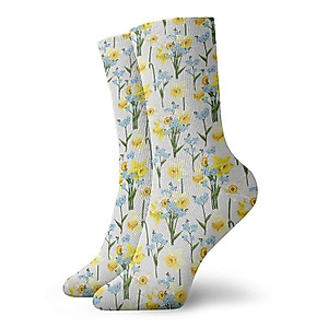 GULTMEE Funky Colorful Cushion Sport Socks,Forget Me Not Flowers And Daffodil Blossom Leaf Bouquet Spring Garden,Athletic Cushioned Running Performance Crew Socks For Men/Women, -12 inch