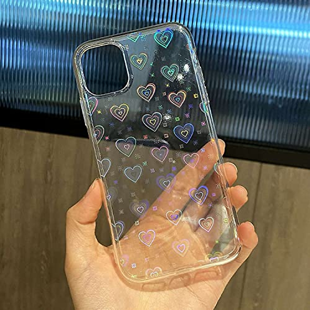 SmoBea Compatible with iPhone 12 Mini Case, for Laser Glitter Bling Heart Soft & Flexible TPU and Hard PC Back Shockproof Cover Women Girls Heart Pattern Phone Case (Rainbow Heart/Clear)