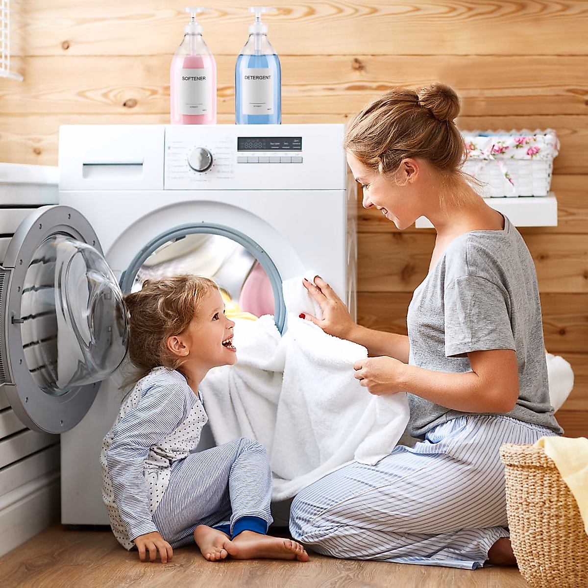 VOTLEVT 64 OZ Laundry Detergent Dispenser, Liquid Laundry Soap Dispenser, Plastic Fabric Softener Holder and Container, Laundry Room Organization, 2 Pack