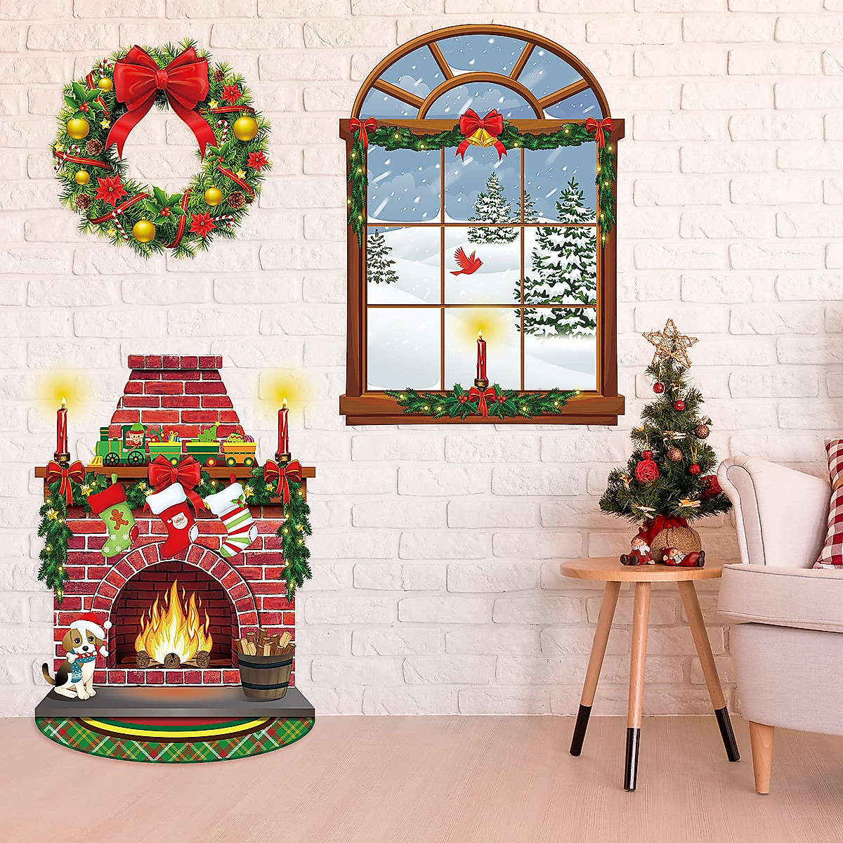 Christmas Wall Decor Fireplace Backdrop Decorations Photo Background Window Winter Christmas Tree Wreath Backdrop for Home Halloween Birthday Party Decor (Tree Style)
