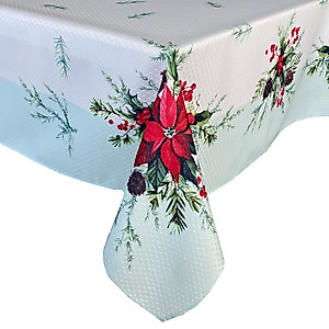 Lintex Holly Bough Stonewashed Border Traditional Christmas Tablecloth, Poinsettia and Holly Sprig Sage, Bordered Xmas Holiday Easy Care Fabric Tablecloth, 60 Inch x 102 Inch Oblong/Rectangle