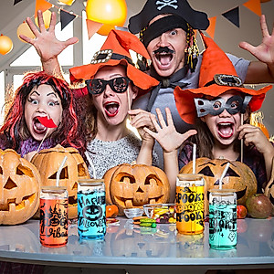 Umigy 12 Pcs Halloween Cups 16oz Halloween Mason Jar with Lid Straw Halloween Tumbler Ghost Iced Coffee Cups Beer Glassware Cookie Jar Gift Drinking Water Bottles Halloween Decoration (Retro Style)