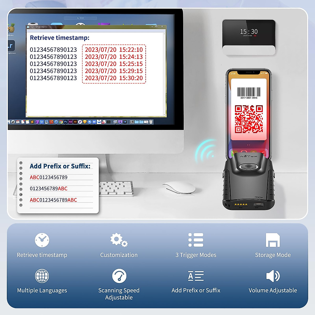 NETUM Bluetooth 2D Barcode Scanner, 3-in-1 Small Portable QR Bar Code Reader Automatic Wireless Gun Scan Back Clip Work with Tablet iOS Android Windows MacOS for Warehouse Inventory POS - E800