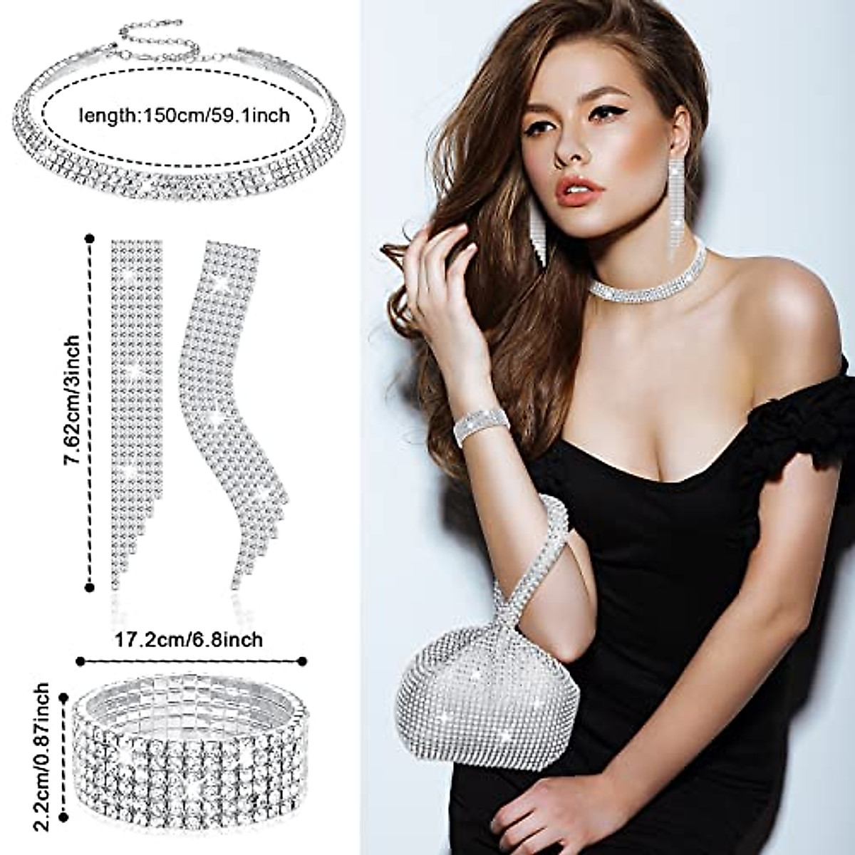Meanplan Silver Bling Clutch Purse Rhinestone Jewelry Set 4 Pieces Crystal Dangle Fringe Earrings Bridal Wedding Choker Necklace Bracelet and Evening Clutch Bag for Women Girls (Cute Style)