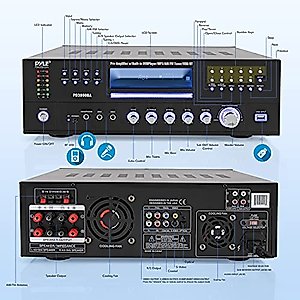 Pyle 4 Channel Wireless Bluetooth Amplifier - 3000 Watt Stereo Speaker Home Audio Receiver w/ FM Radio, USB, 2 Microphone w/ Echo for Karaoke, Front Loading CD DVD Player, LED, Rack Mount - PD3000BA